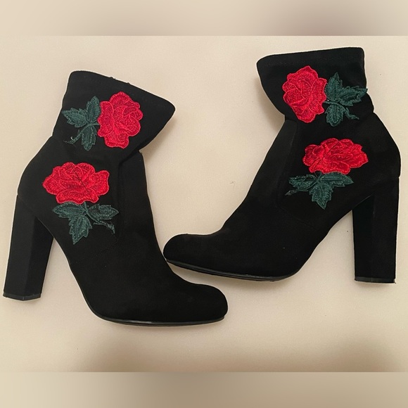 Shoes | Suede Rose Embroidered Heeled Booties | Poshmark